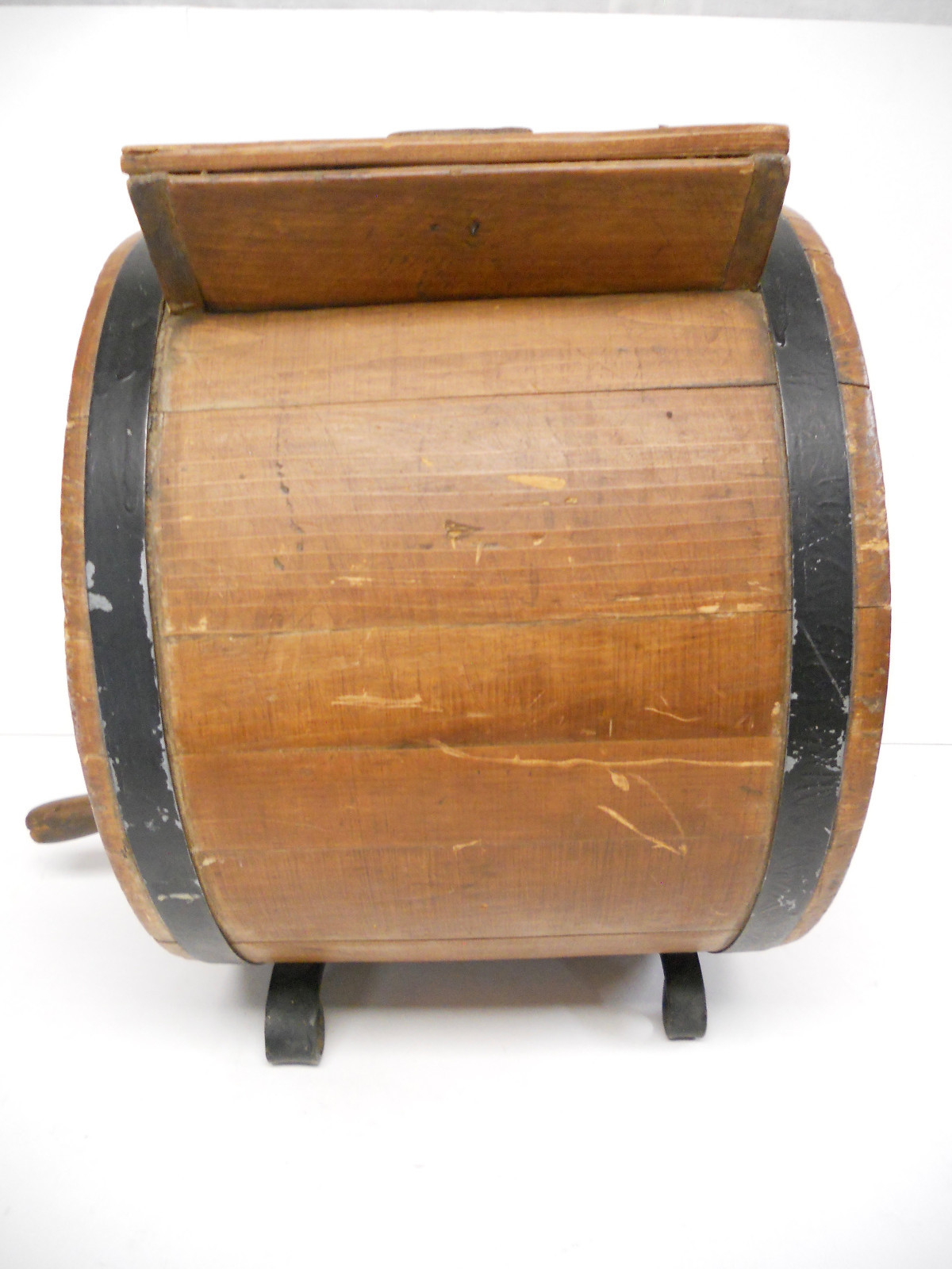 Antique RCW Richmond Cedar Works 15" Wood Barrel Butter Churn IRON FEET ...