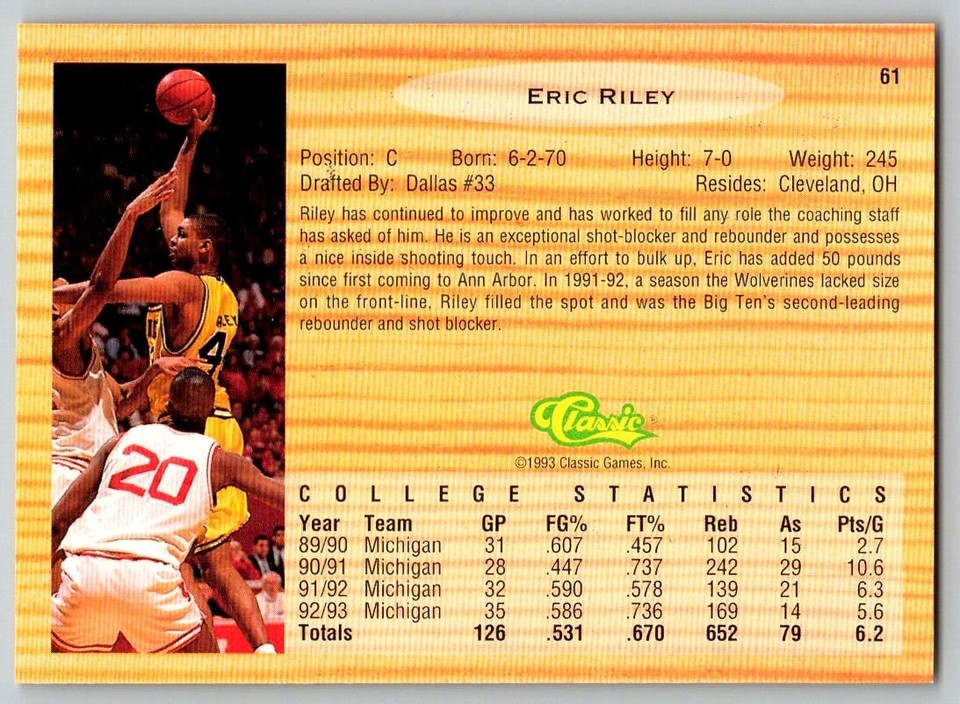 1993-94 DRAFT PICKS ERIC RILEY MICHIGAN WOLVERINES/DALLAS MAVERICKS #61 ...