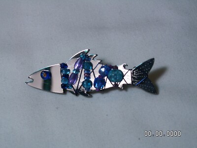 ...Vintage Liz Tech/Liztech Mirror Like Silver Tone,Glass Beads FISH ...