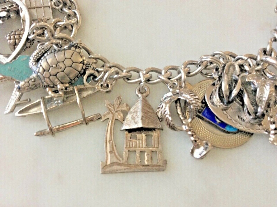 Vintage Sterling Silver Charm Bracelet Travel Islands Maps Ocean Cruise ...