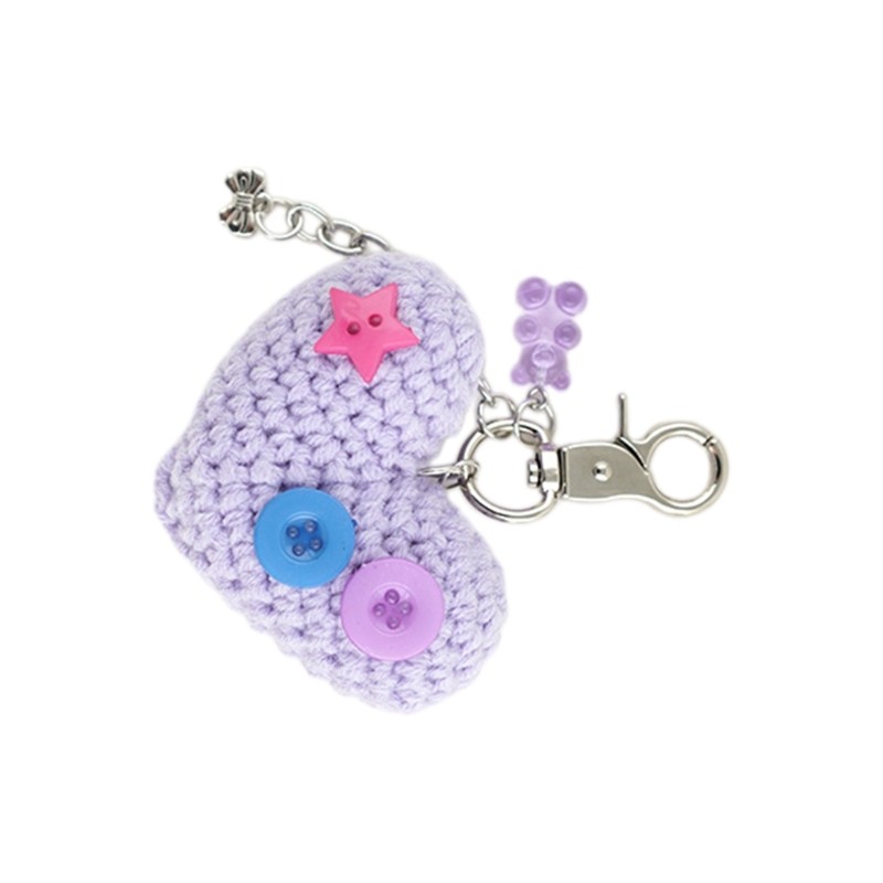 Handmade Knitted Keychain Handwoven Heart with Button Bowknot Pendant ...