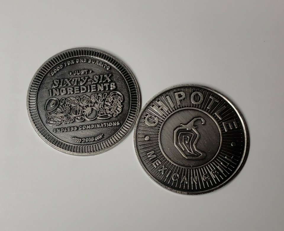 2016 Metal CHIPOTLE Mexican Grill COIN/TOKEN (2)Free Burrito Gift ...