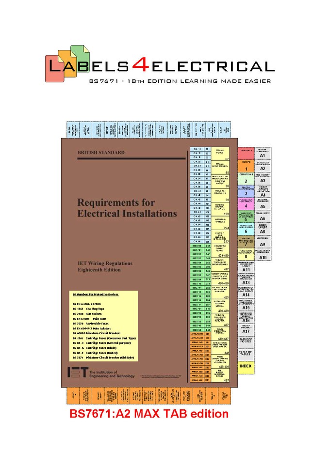18th Edition ELECTRICAL PRECUT PAGE MARKERS TABS LABELS IET BS7671 ON ...