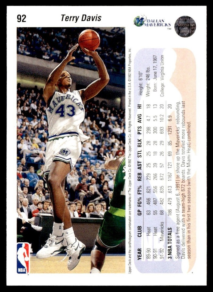 1992-93 Upper Deck Terry Davis Dallas Mavericks #92 | eBay
