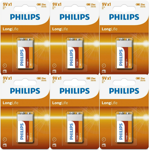 6 PHILIPS 9V Zinc Batteries LONG LIFE HEAVY DUTY Fire Alarm MN1604 ...