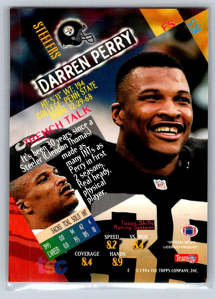 # 538 Darren Perry Pittsburgh Steelers 1994 Stadium Club | eBay