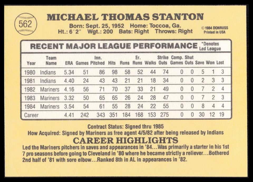 1985 Donruss Mike Stanton #562 Seattle Mariners 33E | eBay