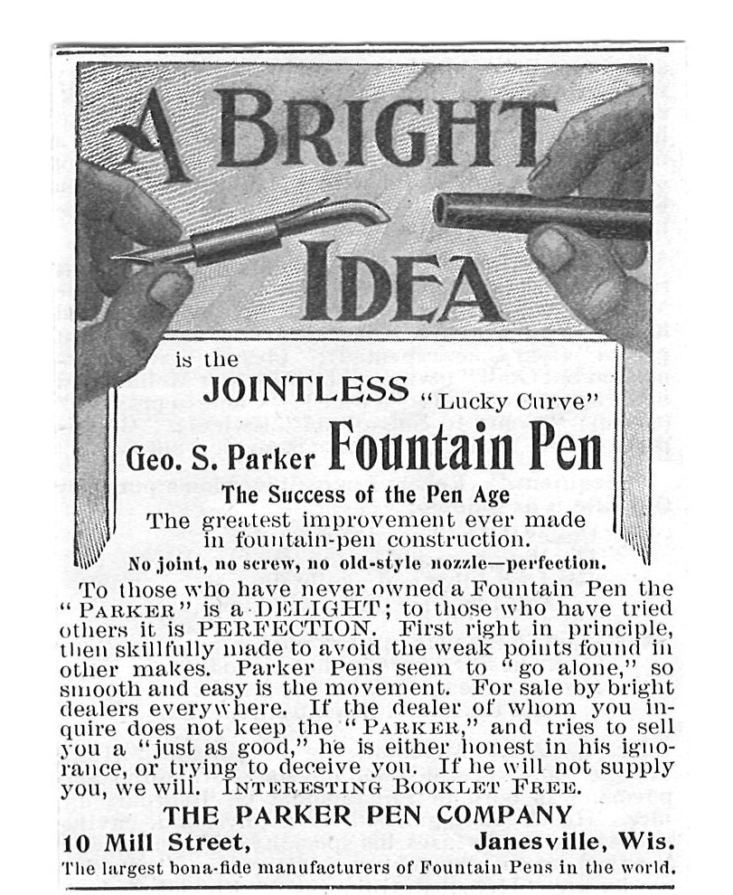 1898 A BRIGHT IDEA IS THIS JOINTLESS GEO. S. PARKER FOUNTAIN PEN ...