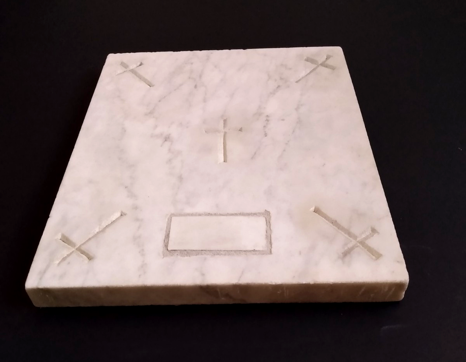 Vtg marble Catholic Altar Stone, relic(s) inside, five beveled crosses ...