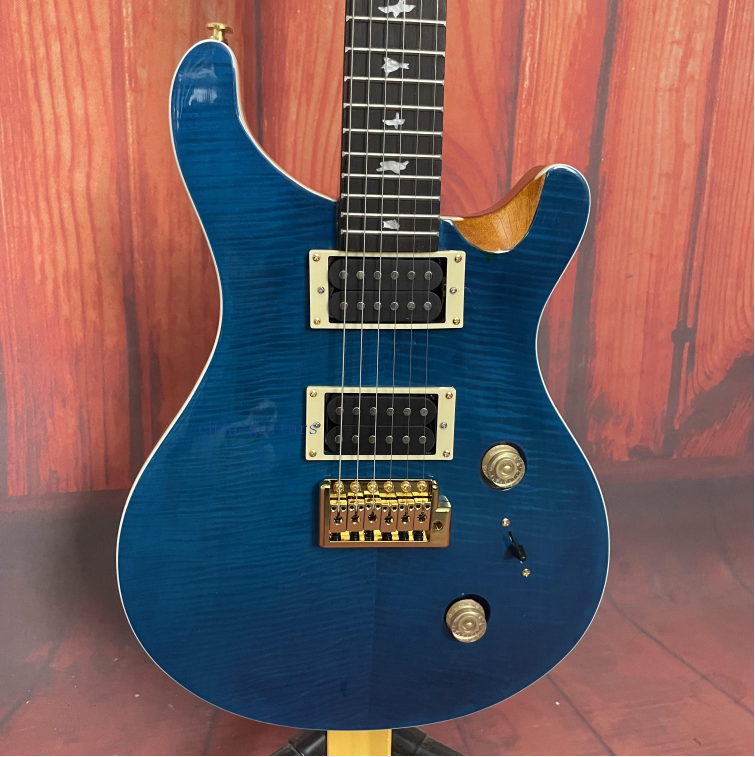 Custom Electric Guitar Blue Flamed Maple Top Bird Inlay Gold Hardware ...