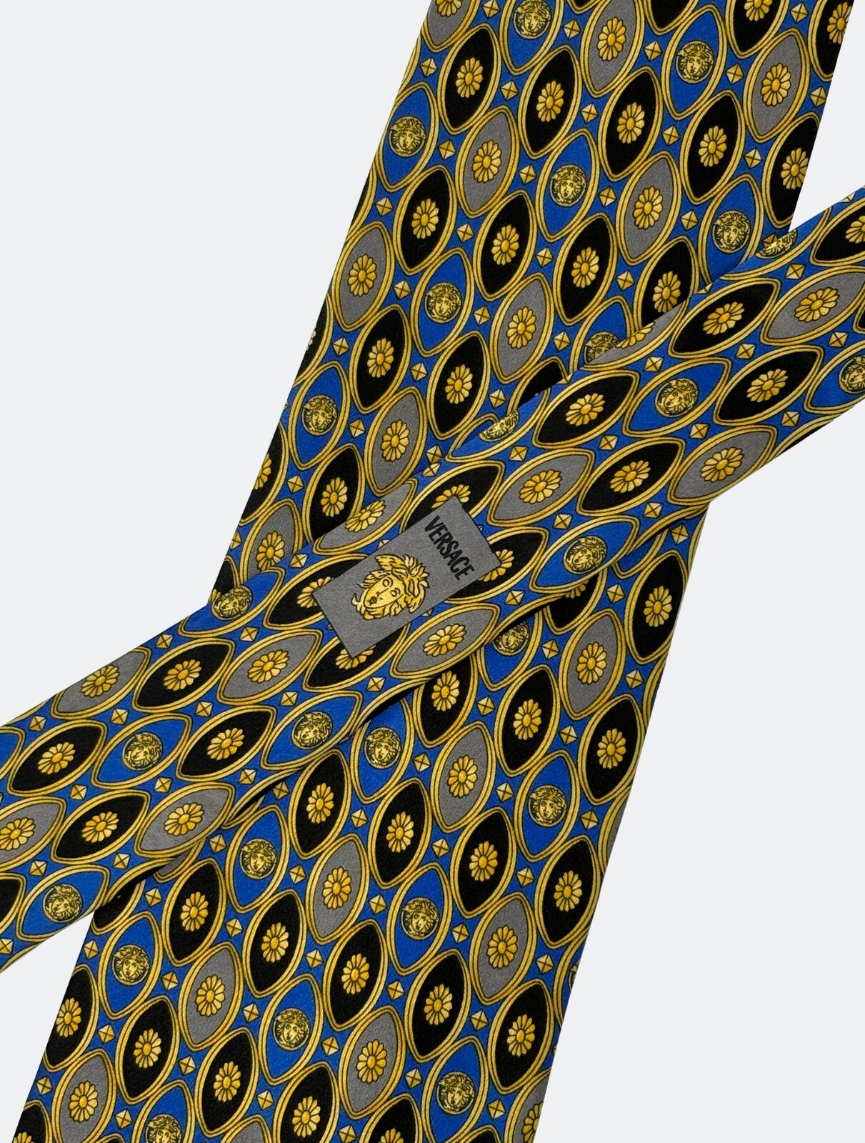 VERSACE Tie Medusa Flower Print Silk Light Blue & Black Necktie Width 3 ...
