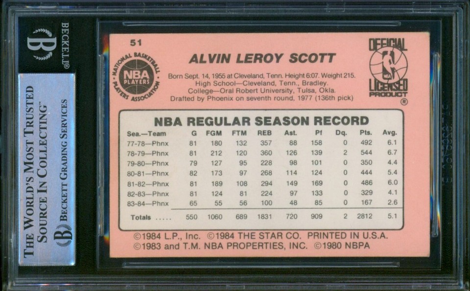 1984-85 Star Co ALVIN SCOTT Signed Card #51 Slabbed Auto Phoenix Suns ...