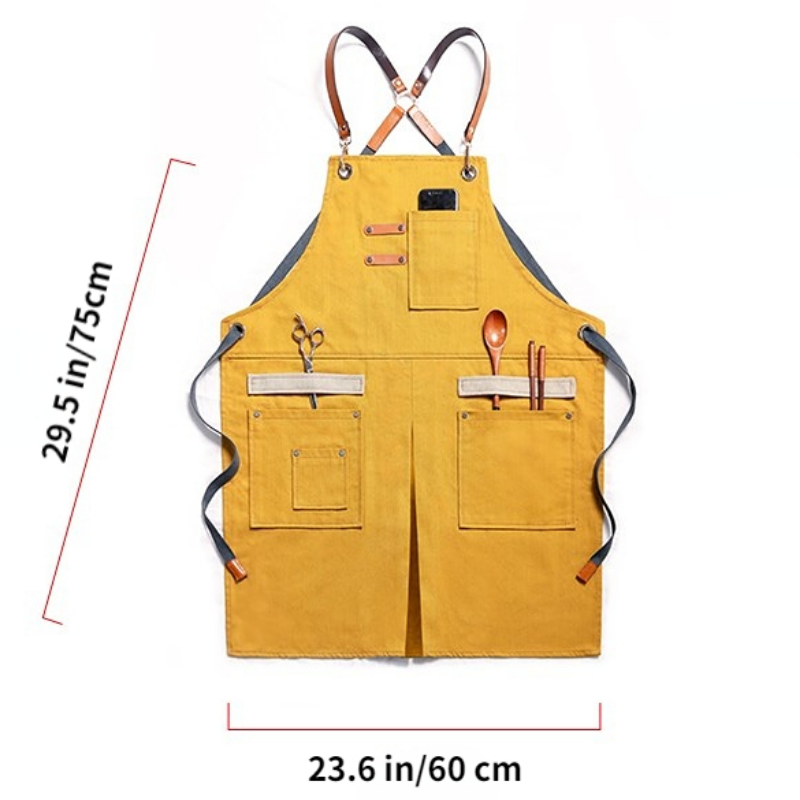 Denim Bib Apron Pu Leather Strap Gardener Cook Barista Waitress Work ...