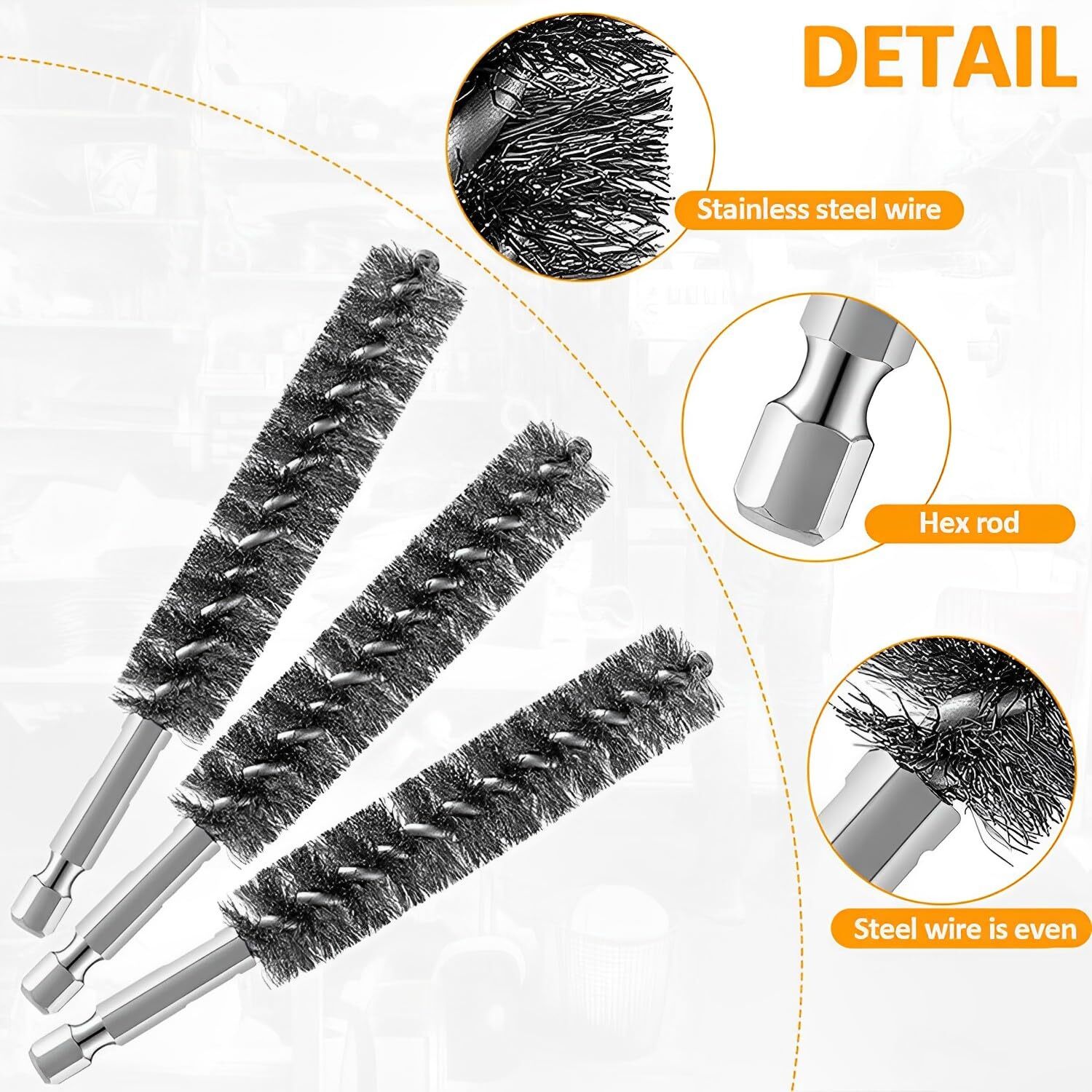 6/12PCS 1/4" Hex Shank Stainless Steel Bore Cleaning Brushes Set for ...