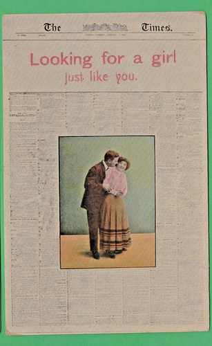 Romance postcard/ "Looking for a girl just like you"/want ads/newspaper ...