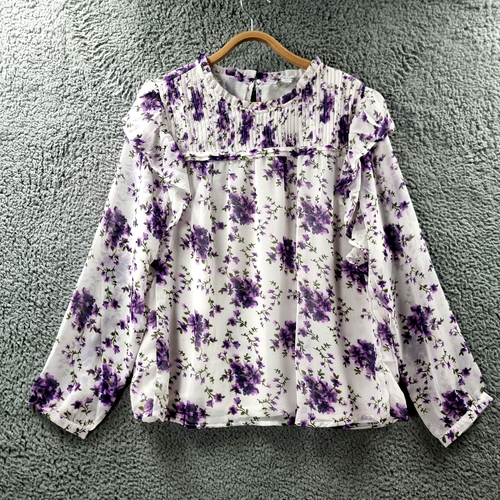 Rockmans Womens Blouse Top Size 12 White Purple Floral Long Sleeve
