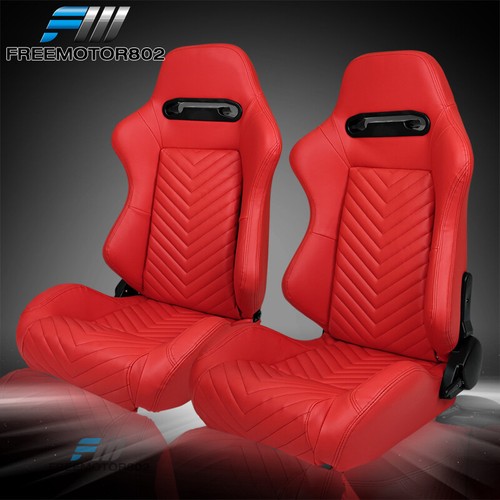 Adjustable Universal Racing Bucket Seats Red PU Pair & 2 Dual Sliders ...