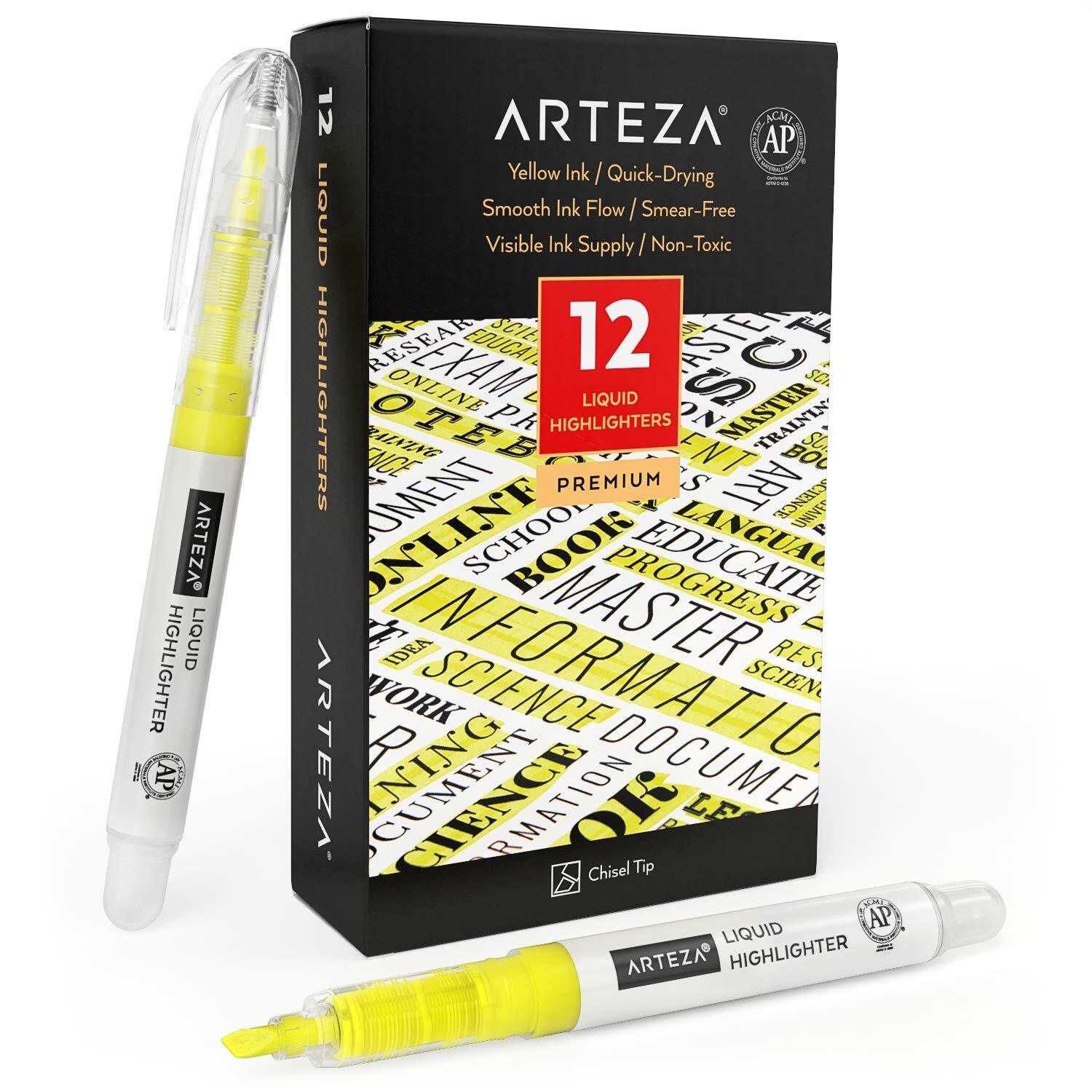 Arteza Liquid Highlighter Pens Set of 12 Narrow Chisel Tip Bulk Pack of ...