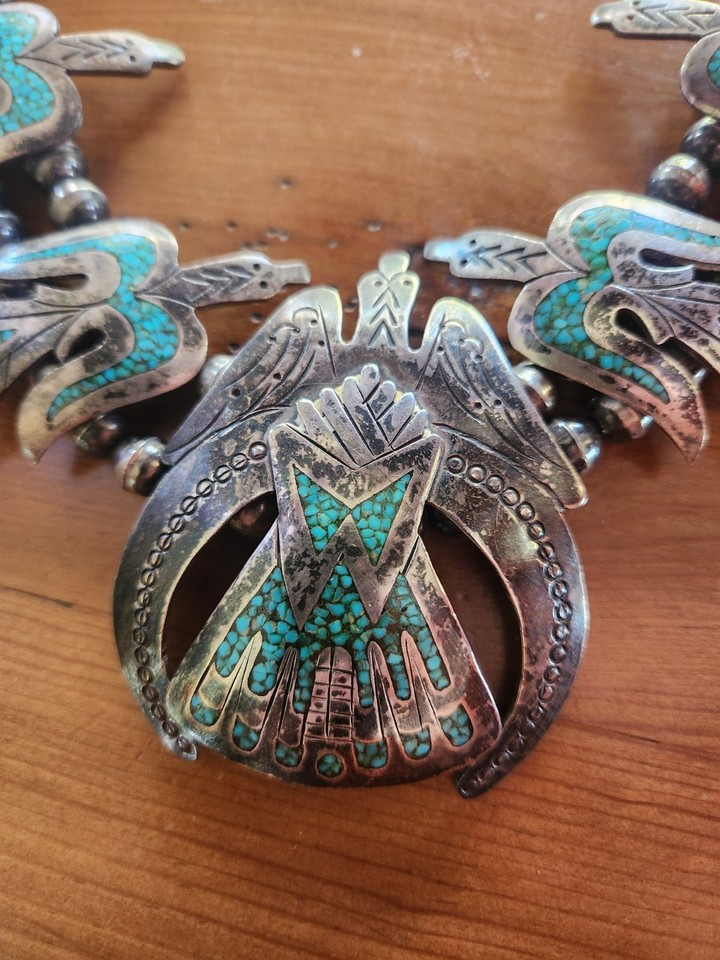 Navajo Thunderbird Turquoise Chip Inlay Sterling Silver Necklace | eBay