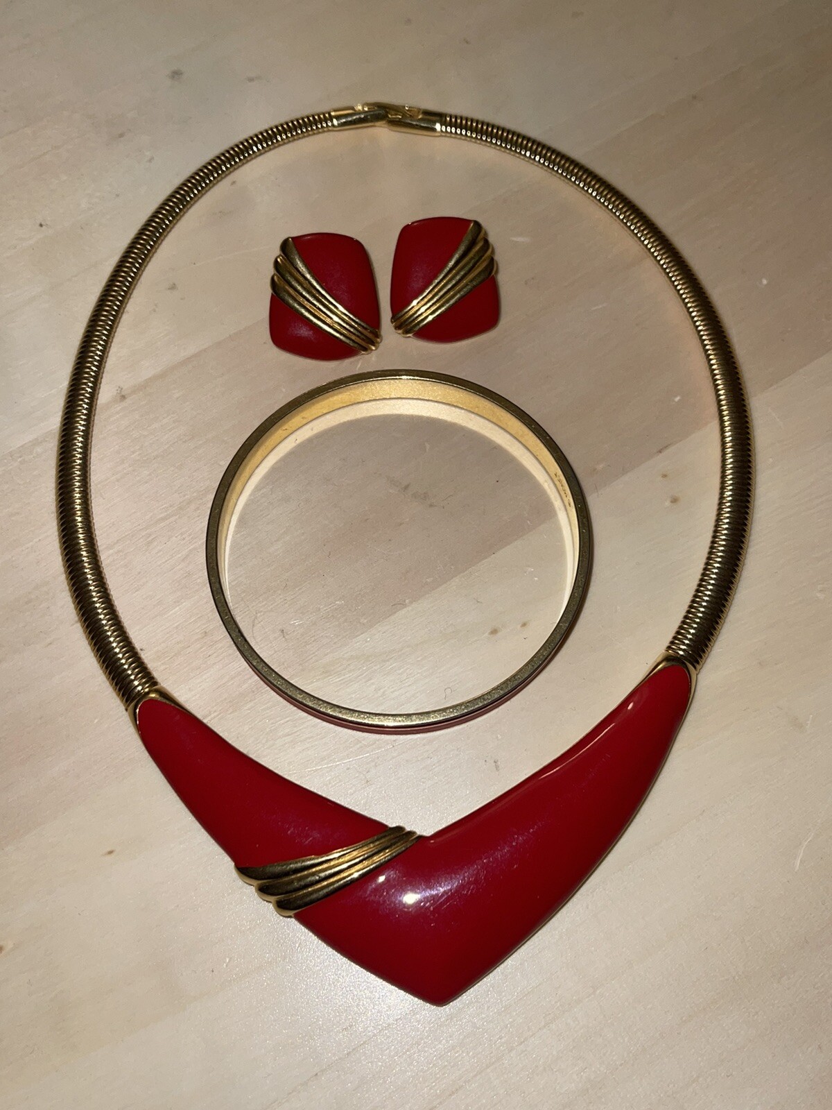Vintage 3 Ps MONET Bright Red Enamel Necklace/Bracele… - Gem