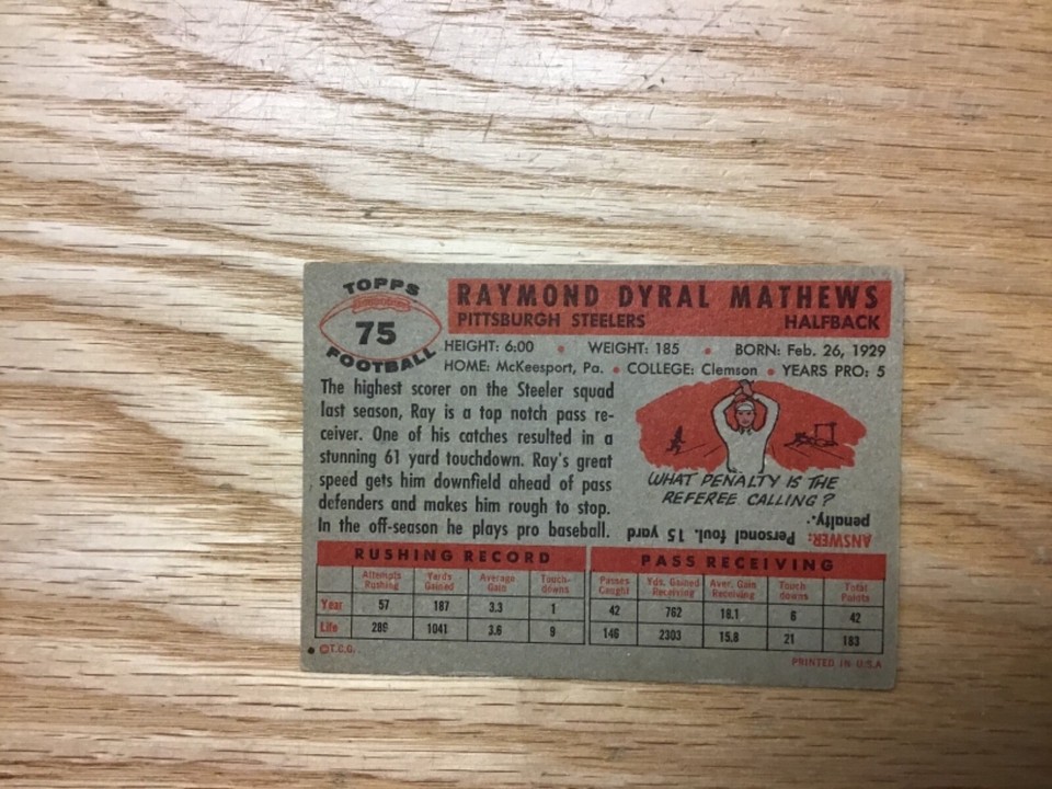 1956 Topps Ray Mathews Pittsburgh Steelers Card #75 | eBay