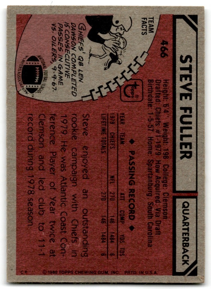 1980 Topps Steve Fuller Rookie Kansas City Chiefs #466 | eBay