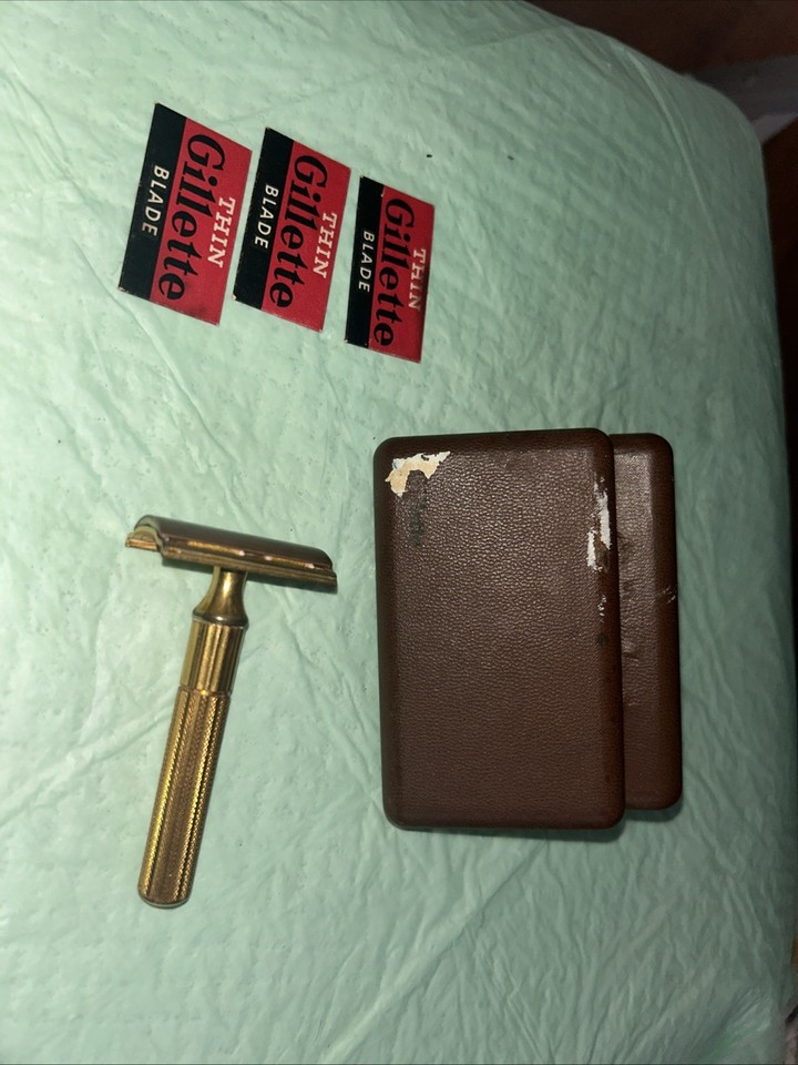 NM Late-40's Gillette NDC Gold Fat Handle Tech Safety Razor With Case ...