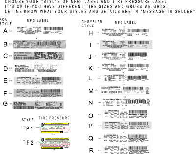 FCA JEEP CHRYSLER DODGE Decal MFG Sticker ID Label Tire Information VIN ...