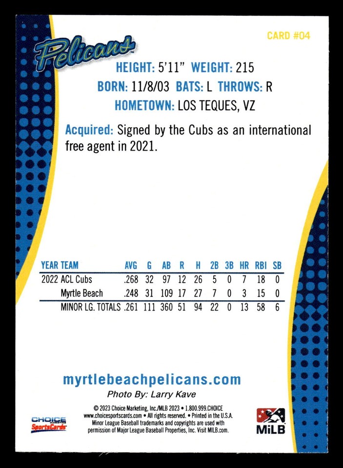 Moises Ballesteros 2023 Choice Myrtle Beach Pelicans #04 Myrtle Beach ...