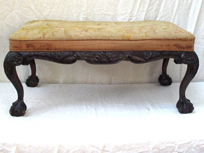 Antique Carved Wood Ball and Claw Feet Long Upholstered Bench 38" Long ...