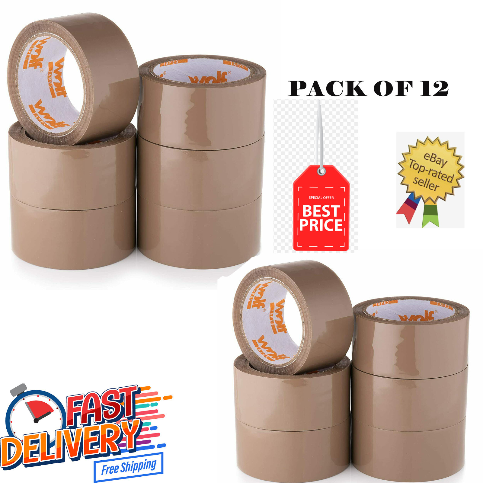 12 Strong Brown Tape Buff Parcel Packing Tape 48MM X 66M Box Sealing ...