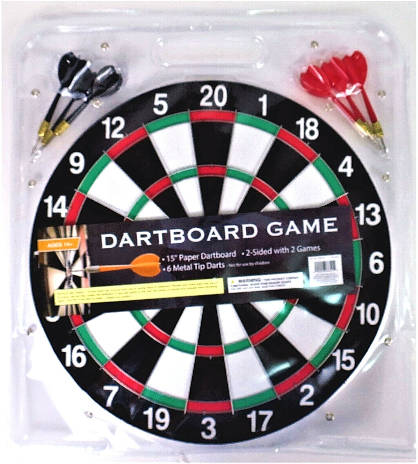 15" DARTBOARD 2-Sided with 2 Games (Darts & Bullseye) w/ 6 Metal Tip ...