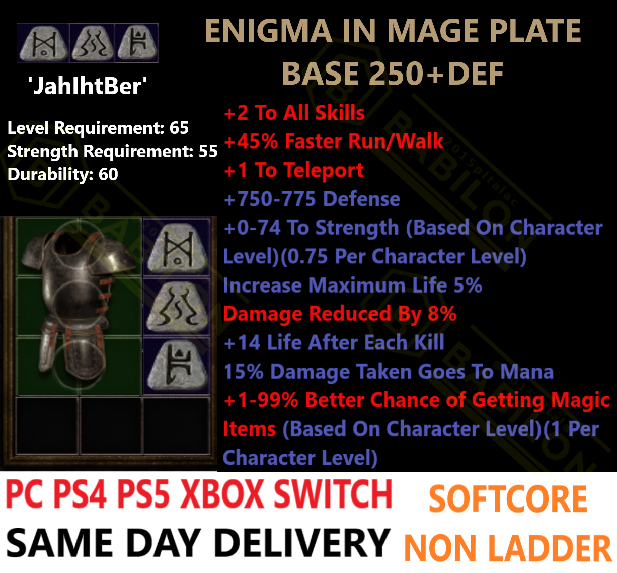 PC PS4 PS5 XBOX SWITCH Enigma Mage Plate 1k+d Diablo 2 Resurrected ...
