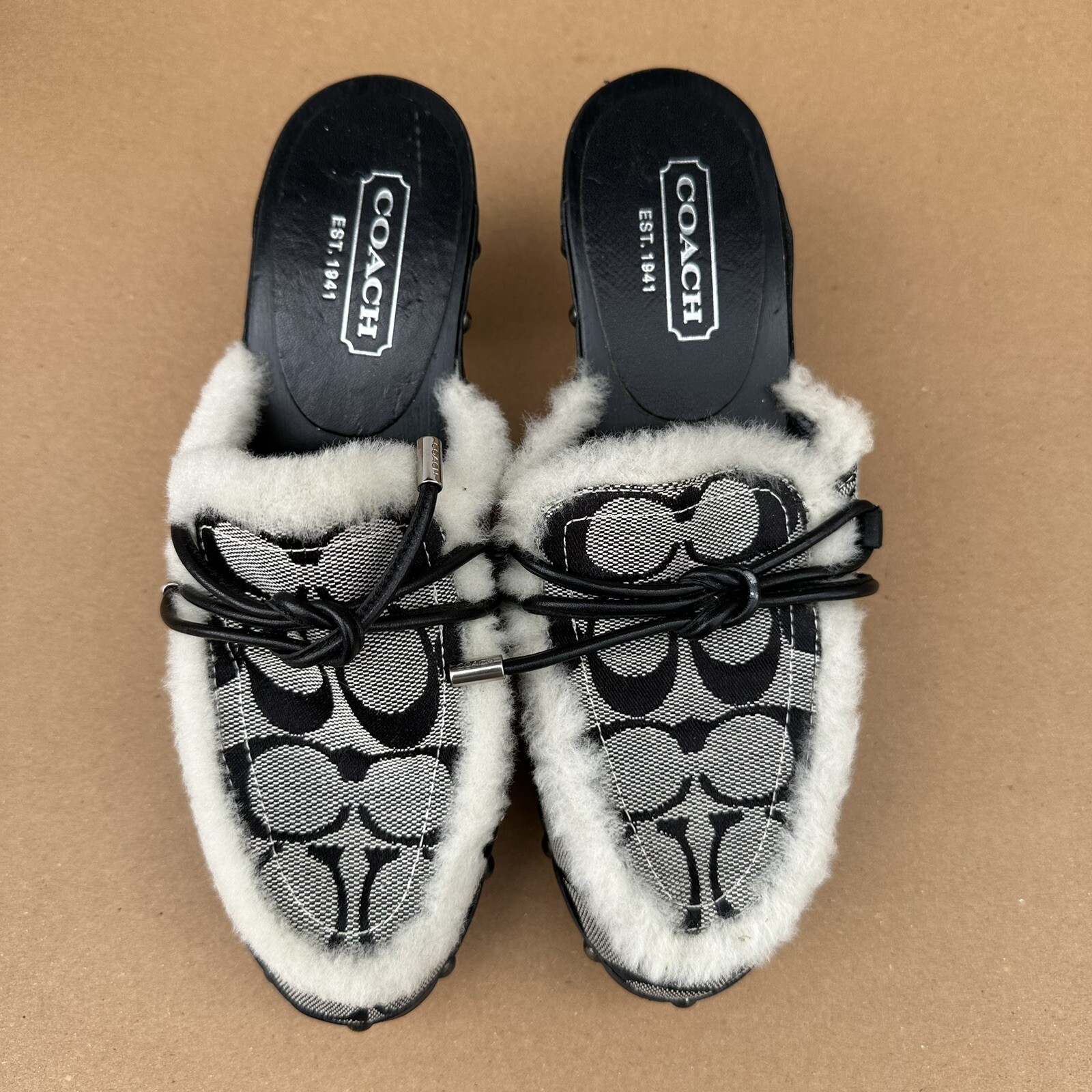 Coach Ruthie Black Canvas Monogram Fur Wooden Heeled … - Gem