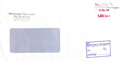 Fee Paid Receipt With Red Stamp "Neuruppin / 14th May 1991 / 1.00 DM ...