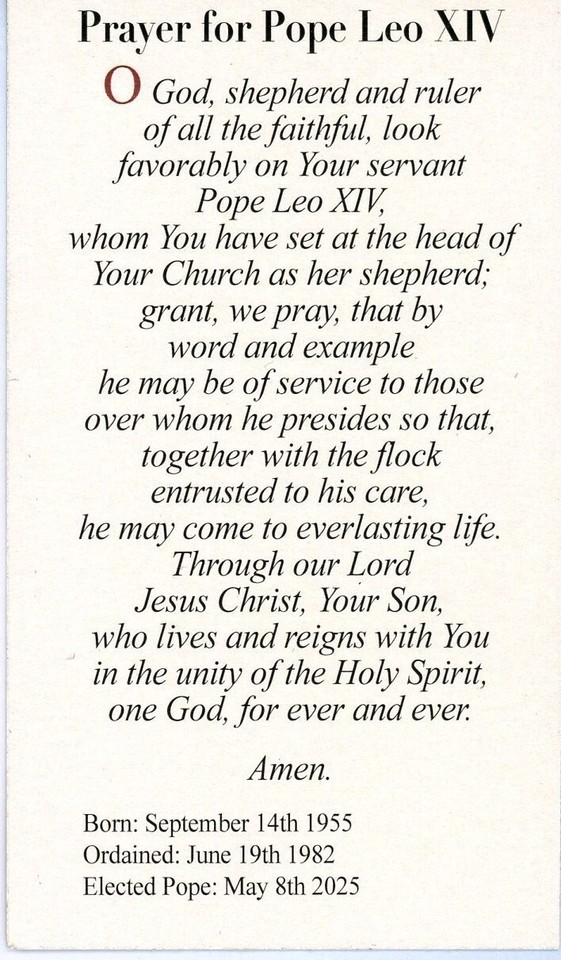 Pope Leo XIV - Prayer for the Pope - Paperstock Holy Card 567B | eBay