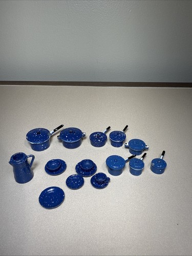 VTG Dollhouse Miniature Pots and Pans Blue White Speckle Enamel ...