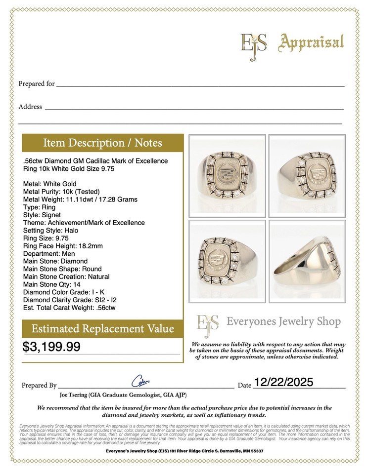 .56ctw Diamond GM Cadillac Mark of Excellence Ring 10k White Gold Size ...