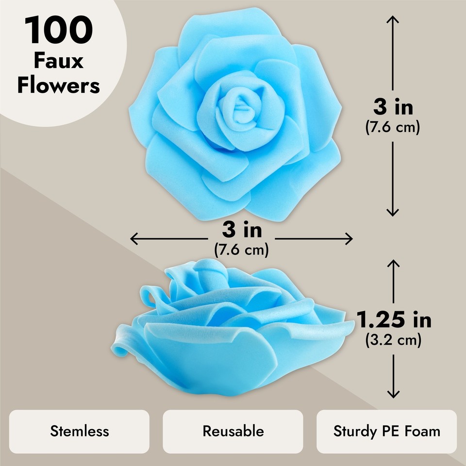 100 Pack Light Blue Artificial Flowers, Bulk Stemless Fake Foam Roses ...