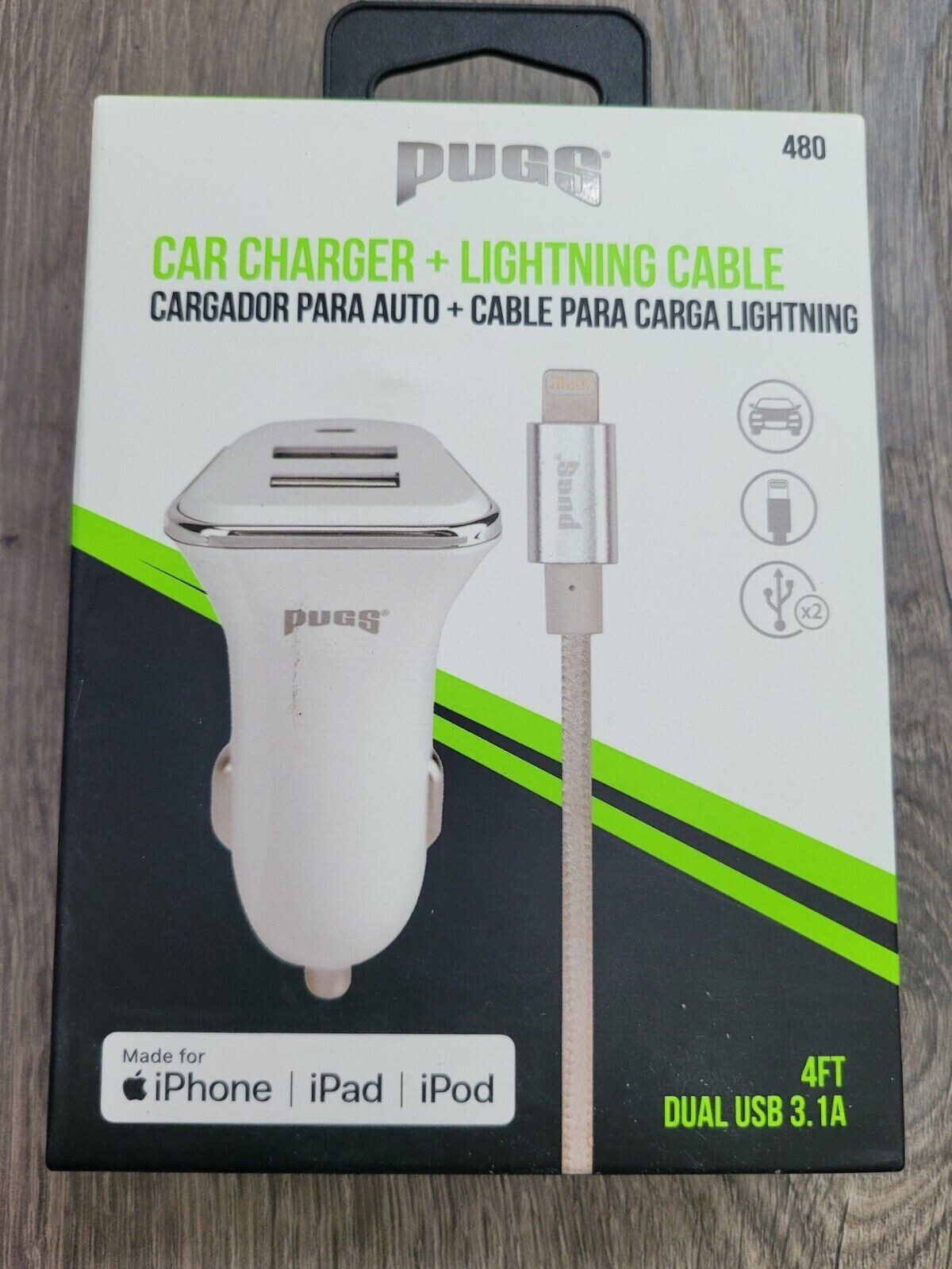 PUGS Dual Car Charger Lightning 4ft Tangle Resistant Cable USB iPhone ...