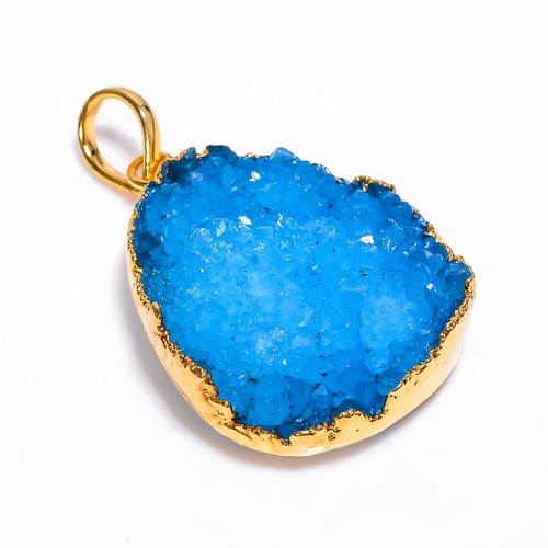 Sky Blue Druzy Gemstone Ethnic Handmade .925 Gold Plated Pendant 1.9 ...