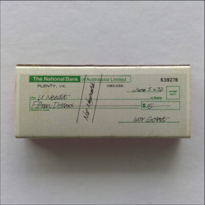 NAB National Australia Bank Cheque 539278 June 5 1972 Red Matchbox ...