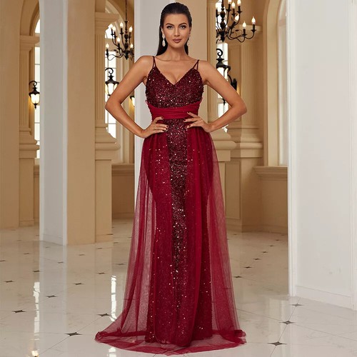 Robe Élégante Longue Événement Sirène Rouge Strass Paillettes Soirée ...