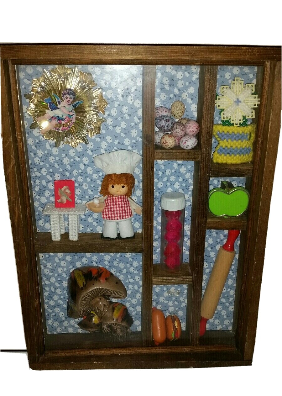 Vtg 70s Wood Glass Wall Shadow Box Kitchen Chef Merry Mushroom Paper ...