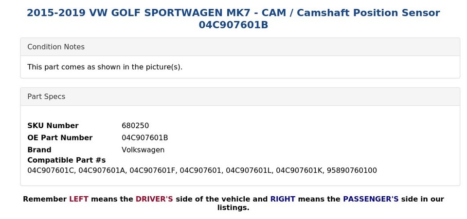 2015-2019 VW GOLF SPORTWAGEN MK7 - CAM / Camshaft Position Sensor ...