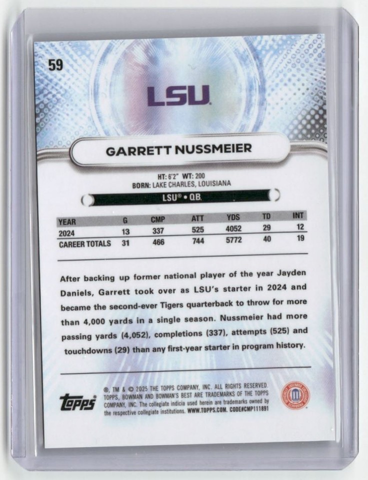 2025 Bowman University Best Teal Garrett Nussmeier 14/15 LSU Tigers | eBay