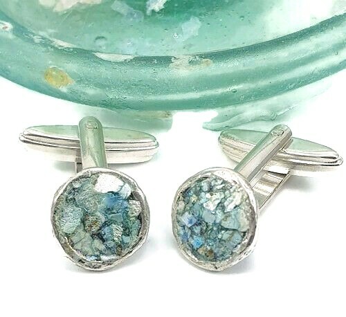 Man Cuff links Sterling Silver 925 Roman Glass Ancient Round Fragments ...