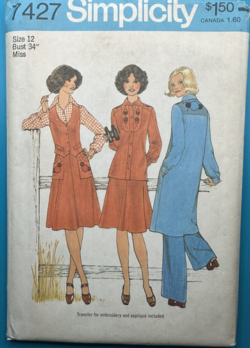 Shirt Dress Jacket Vest Skirt w Transfer Simplicity 7427 1976 Vintage ...