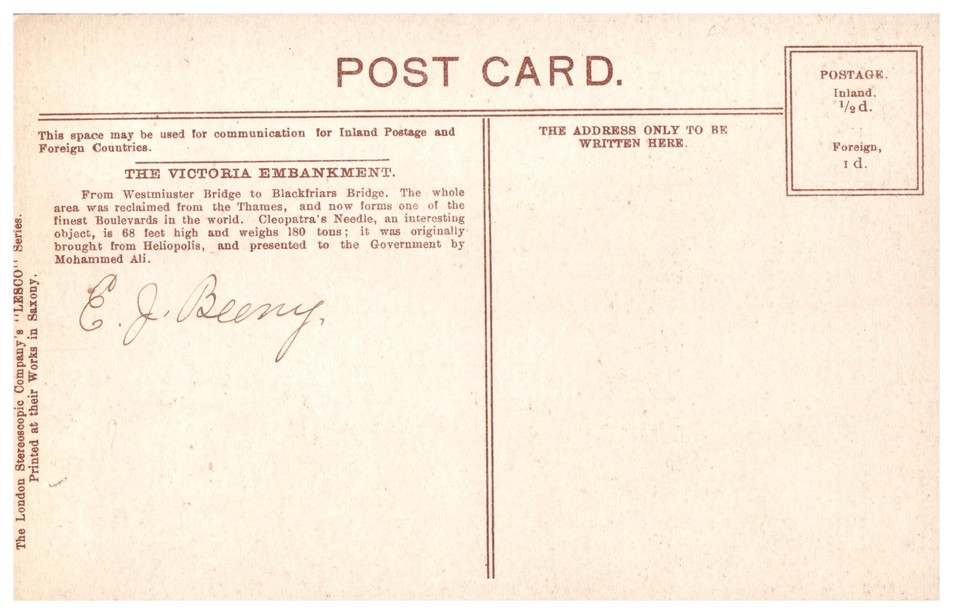 Thames Embankment London Cleopatra's Needle Vintage Postcard Victoria ...