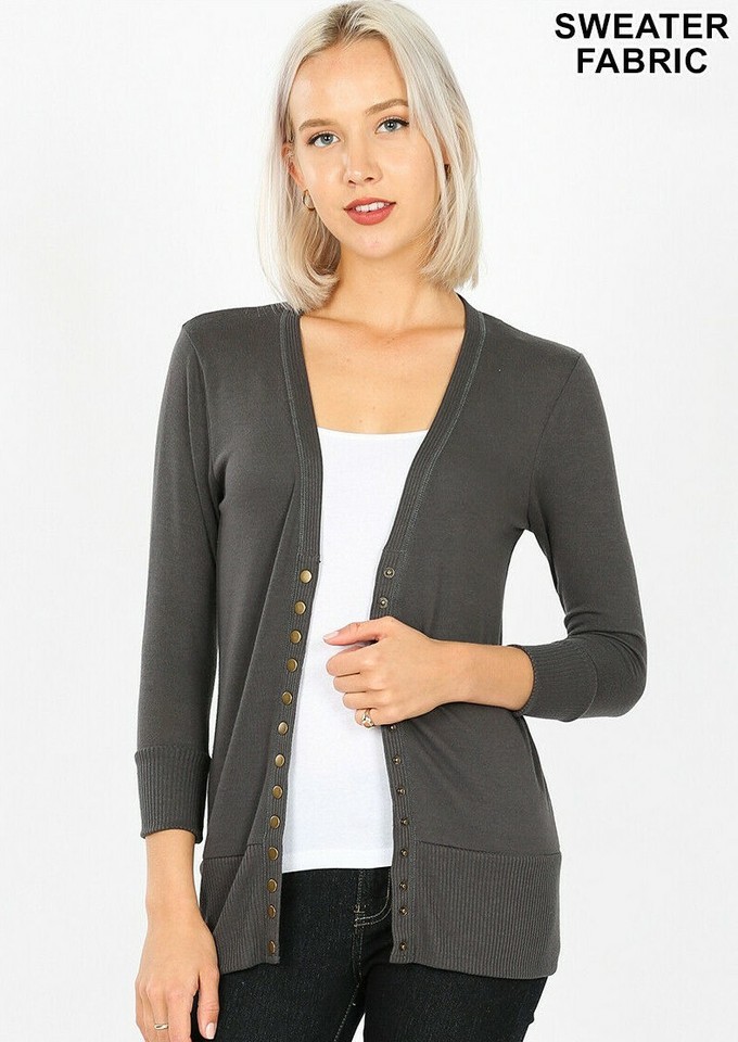 Women's 3/4 Sleeve Snap Button Front Ribbed Detail V Neck Sweater ...